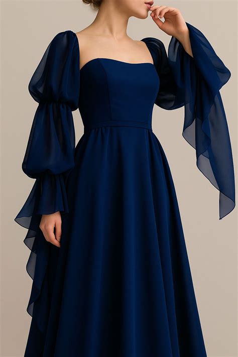 Elegant Midnight Blue Gown With Flowing Sleeves 💙 Navy Blue Prom Gown