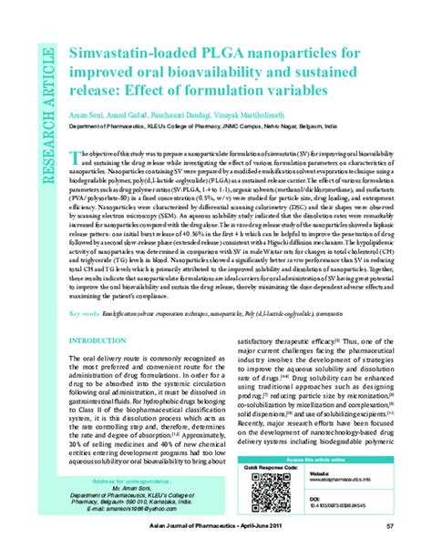 Pdf Simvastatin Loaded Plga Nanoparticles For Improved Oral