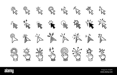 Doodle Click Icon Set Hand Drawn Mouse Cursor Press Here Tap Button