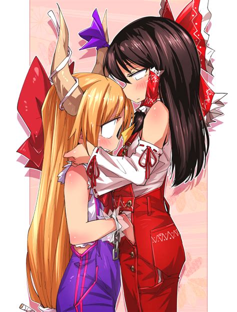Shimizu Pem Hakurei Reimu Ibuki Suika Touhou Commentary Symbol Only Commentary 2girls