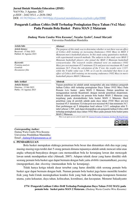 Pdf Pengaruh Latihan Celtics Drill Terhadap Peningkatan Daya Tahan Vo2 Max Pada Pemain Bola