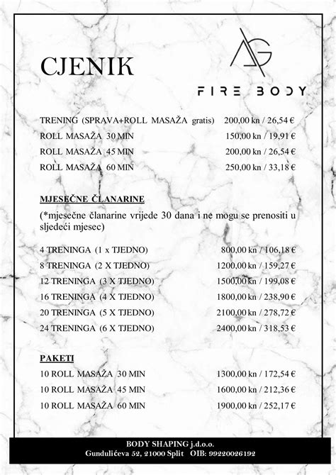 Cjenik Fire Body Strožanac