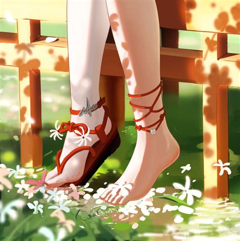 Safebooru 1girl Absurdres Barefoot Commentary Request Feet Flower