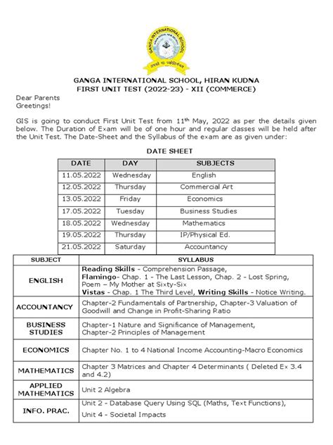 Xii Commerce Date Sheet And Syllabus Of First Unit Test Pdf