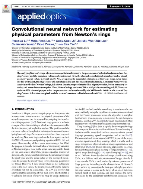 Convolutional Neural Network For Estimating Physical Parameters From Newtons Rings Request Pdf