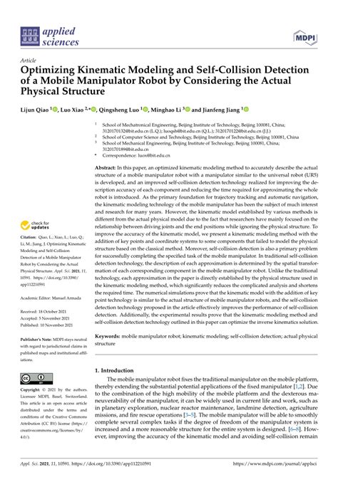 Pdf Optimizing Kinematic Modeling And Self Collision Detection Of A