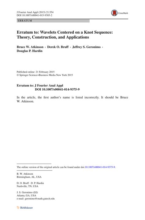 pdf erratum to wavelets centered on a knot sequence theory