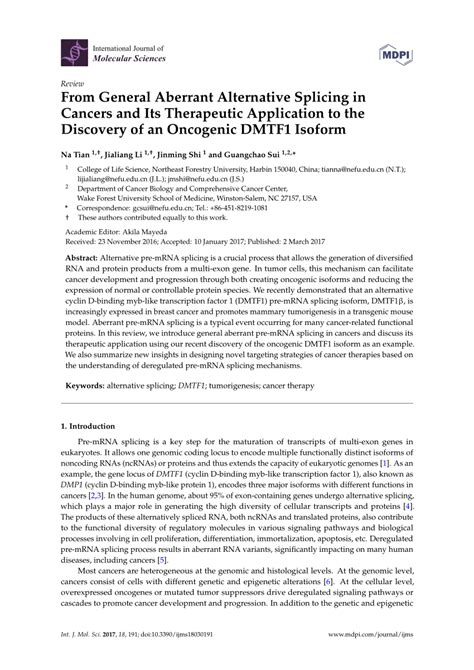 Pdf From General Aberrant Alternative Splicing In Cancers And Its