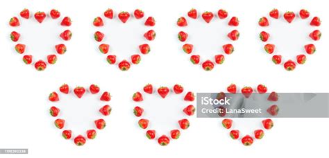 흰색 배경에 딸기 상단보기 발렌타인 배경입니다 화이트에 신선한 딸기로 만든 하트 프레임 열매 패턴 창의적인 음식 개념에 대한 스톡 사진 및 기타 이미지 Istock
