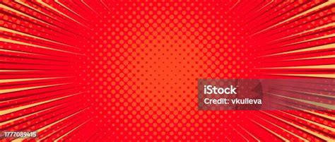 빨간 방사형 점선 만화 배경입니다 팝 아트 하프 톤 질감의 스피드 라인 벽지 애니메이션 만화 노란색 광선 폭발 배경 포스터 배너 인쇄 잡지 전단지 벡터 일러스트 레이 션