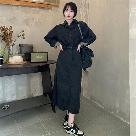 오버 사이즈 원피스 데님 롱 스커트 슬림 허리 셔츠 드레스 외출복 하객룩 에이블리