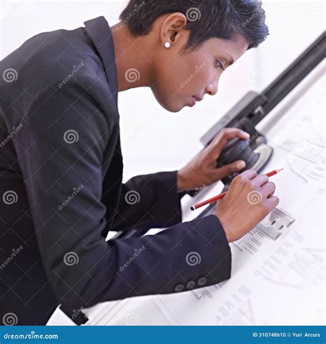 Ruler Civil Engineering Or Woman Drawing On Blueprint Or Paper For Development Project Planning