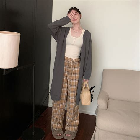 코디세트노버튼 니트 롱 가디건이너나시체크 밴딩 팬츠 세트 Ag118002e