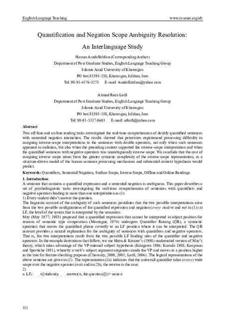 Pdf Quantification Scope Ambiguity Resolution Evidence From Persian And English