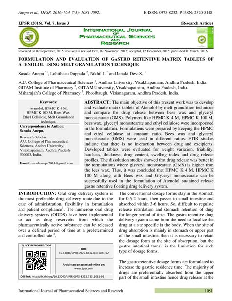 Pdf Formulation And Evaluation Of Gastro Retentive Matrix Tablets Of Atenolol Using Melt