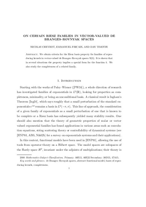 Pdf On Certain Riesz Families In Vector Valued De Brangesrovnyak