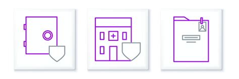 개인 폴더 방패가 있는 금고 및 의료 병원 건물 아이콘을 설정합니다 벡터 강철에 대한 스톡 벡터 아트 및 기타 이미지 강철 개성 개념 건강 진단 Istock