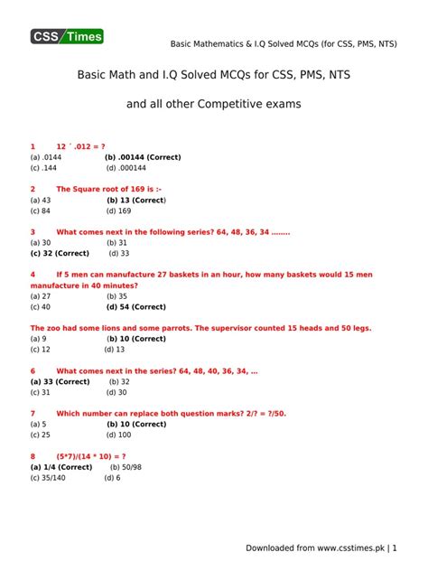 Basic Mathematics And Iq Solved Mcqs For Css Pms Nts Pdf Speed