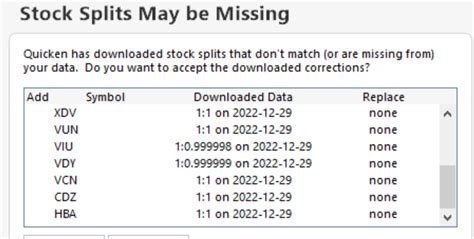 why does quicken prompt me for 1 1 stock splits — quicken