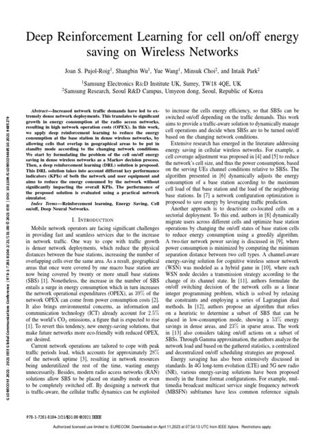 Deep Reinforcement Learning For Cell Onoff Energy Saving On Wireless Networks Pdf Wireless