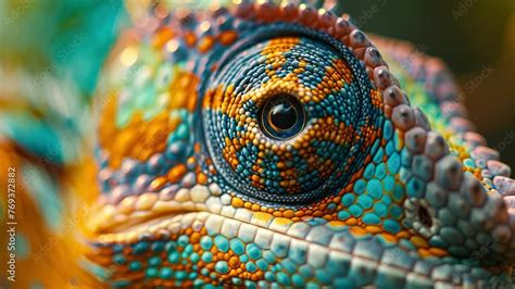 Close Up Shot Of A Colorful Chameleons Eye As It Looks Around Stock