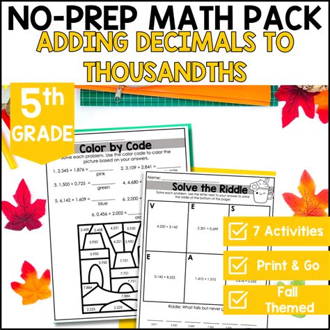 September No Prep Math Pack Adding Decimals To Thousandths Fall A