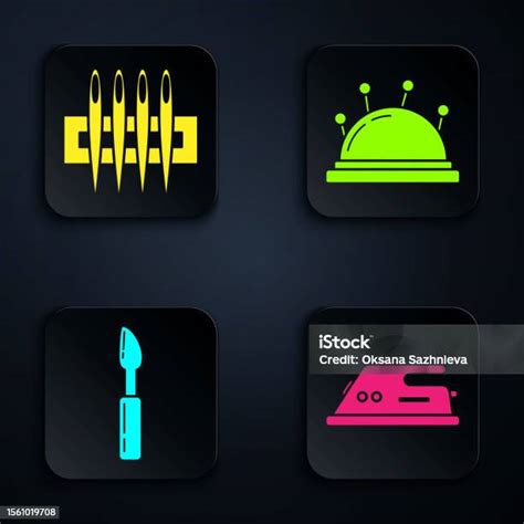 전기 다리미 재봉 바늘 커터 도구 및 바늘 침대와 바늘을 설정하십시오 검은색 사각형 버튼입니다 벡터 가사 집안일에 대한 스톡 벡터 아트 및 기타 이미지 Istock