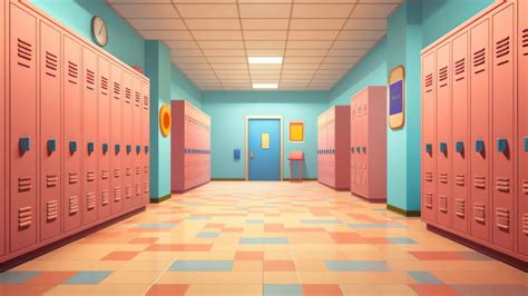 A Colorful Animated School Hallway Scene With Pink Lockers Viewed From