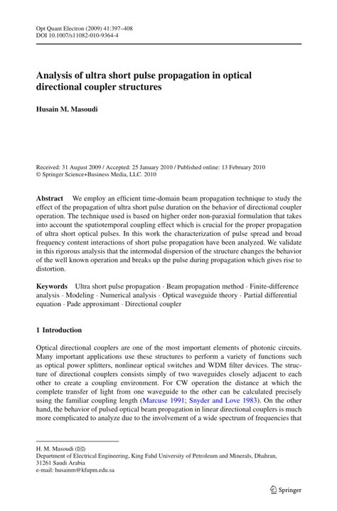 Pdf Analysis Of Ultra Short Pulse Propagation In Optical Directional