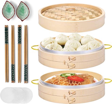 Dumpling Bamboo Steamer 10 Inch 2 Tier Wooden Basket With