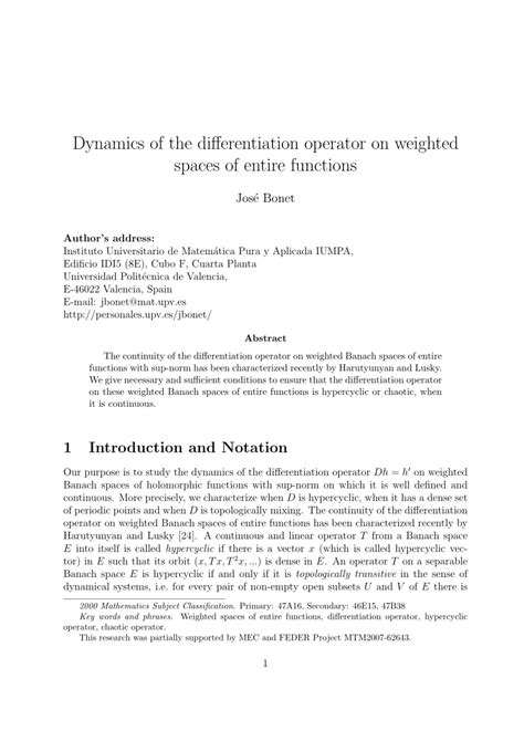Pdf Dynamics Of The Differentiation Operator On Weighted Spaces Of