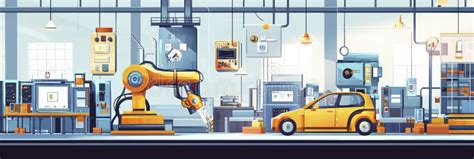 Automated Factory With Robotic Arm And Orange Car Stock Illustration