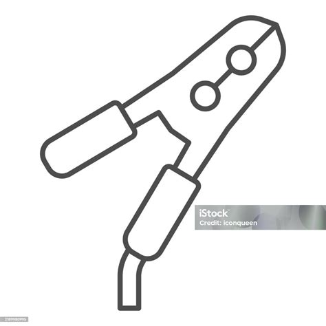 충전 클립 배터리 커넥터 얇은 선 아이콘 자동차 서비스 개념 벡터 그래픽 전기 축전지 클램프 흰색 배경에 충전 표시 모바일 또는 웹 디자인용 개요 스타일 아이콘 검은색에