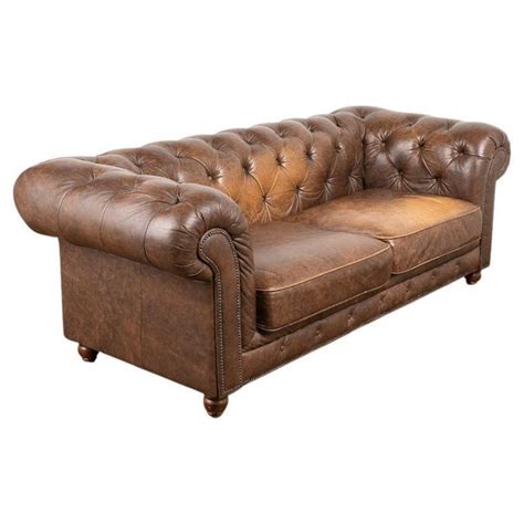 Vintage Chesterfield Two Seat Brown Leather Sofa From England For Sale