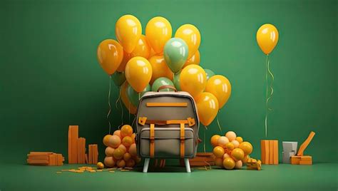 풍선이 달린 노란색 책가방이 있는 녹색 배경 프리미엄 사진