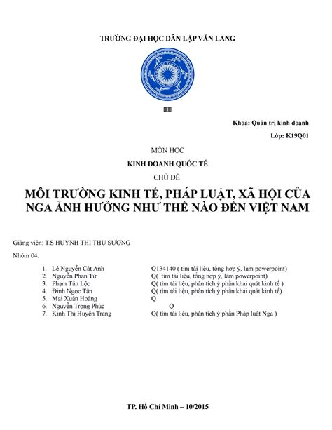 MOI TRNG KINH T NGA môi trường kinh tế Nga TRƯỜNG ĐẠI HỌC DÂN LẬP VĂN LANG Khoa Quản trị