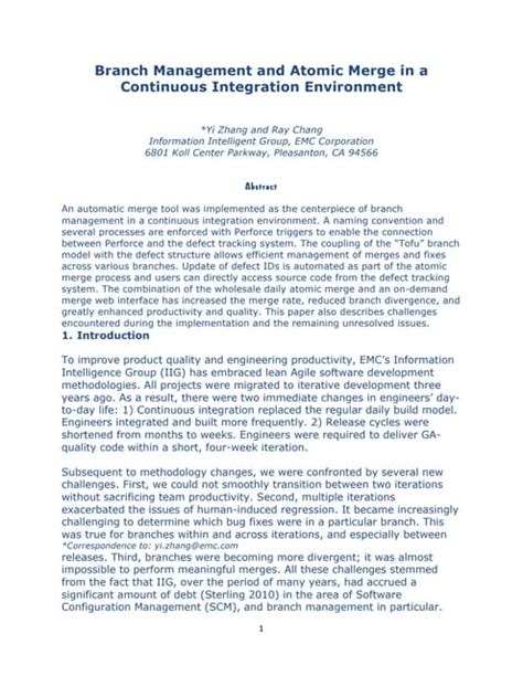 White Paper Branch Management And Atomic Merge In A Continuous