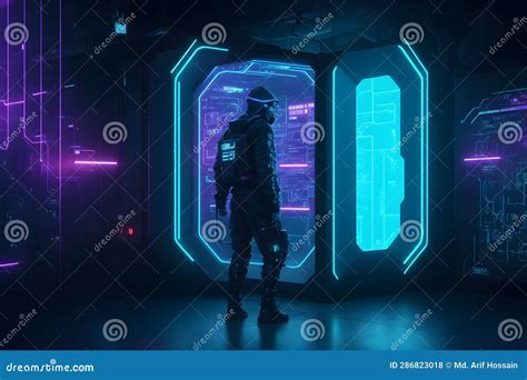 A Hacker In A Dark Futuristic Environment A Cybersecurity Image Generated By Ai Stock