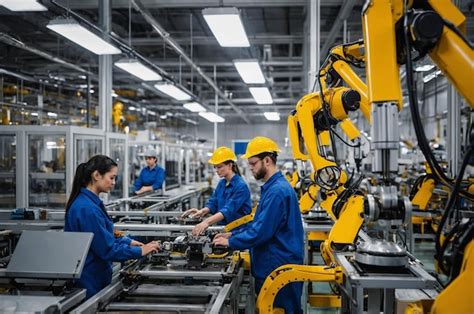 Factory Workers Overseeing Automated Robots On Assembly Lines Premium Ai Generated Image