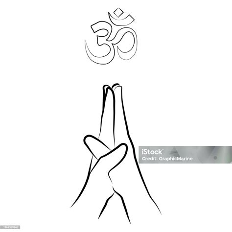 여성은 기도 나마스테 제스처와 옴 기호 간단한 윤곽 미니멀 한 선형 스타일에 손을 흰색 배경에 로고 인쇄 및 기타 디자인을 만들기위한 여성 손의 벡터 일러스트 손에 대한