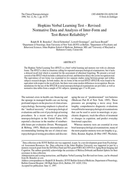 Hopkins Verbal Learning Test Revised Nor Recall Memory Standard Deviation