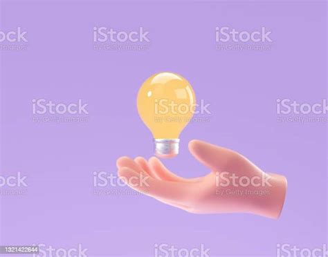 보라색 배경에 전구를 들고 3d 만화 손 생각 좋은 아이디어와 비즈니스 성공 창조적 인 개념 3d 렌더 일러스트레이션 금융에