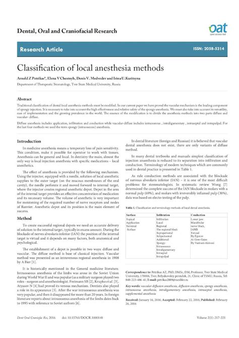 Pdf Classification Of Local Anesthesia Methods · Classification Of Local Anesthesia Methods
