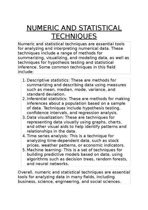 Numerical And Statistical Techniques Numeric And Statistical Techniques Numeric And