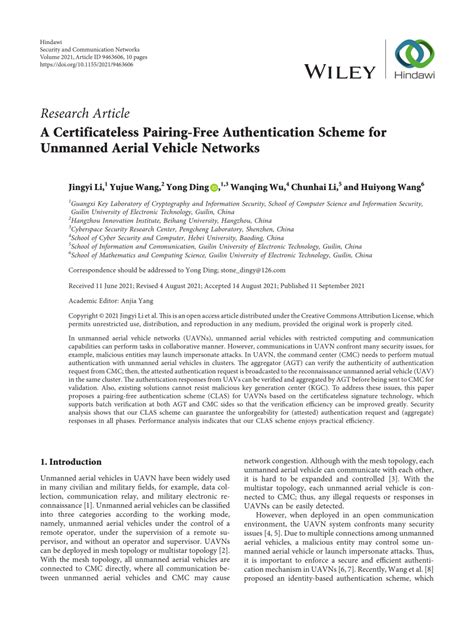 Pdf A Certificateless Pairing Free Authentication Scheme For Unmanned Aerial Vehicle Networks