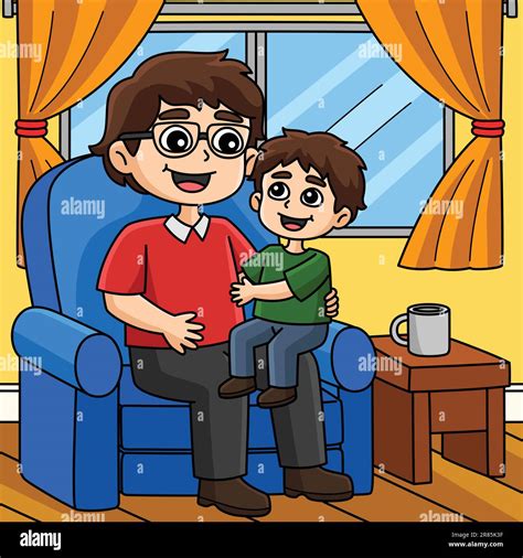 Son Sitting On Fathers Lap Colored Cartoon Stock Vector Image And Art Alamy