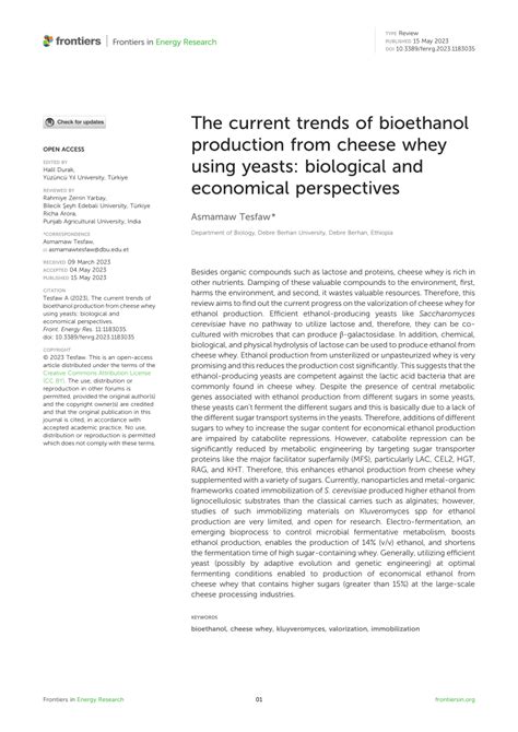 Pdf The Current Trends Of Bioethanol Production From Cheese Whey