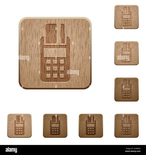Set Of Carved Wooden Pos Terminal Buttons In 8 Variations Stock Vector