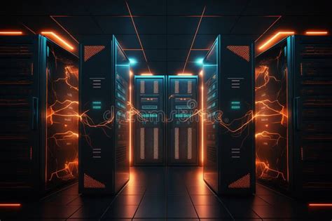 Imagery Of Dark Servers Data Center Room With Computers And Storage Systems And Glowing Elements