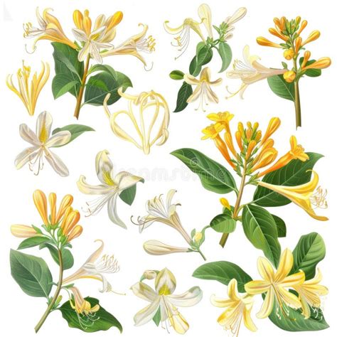Elegant Honeysuckle Flower Art Vintage Botanical Illustration On White